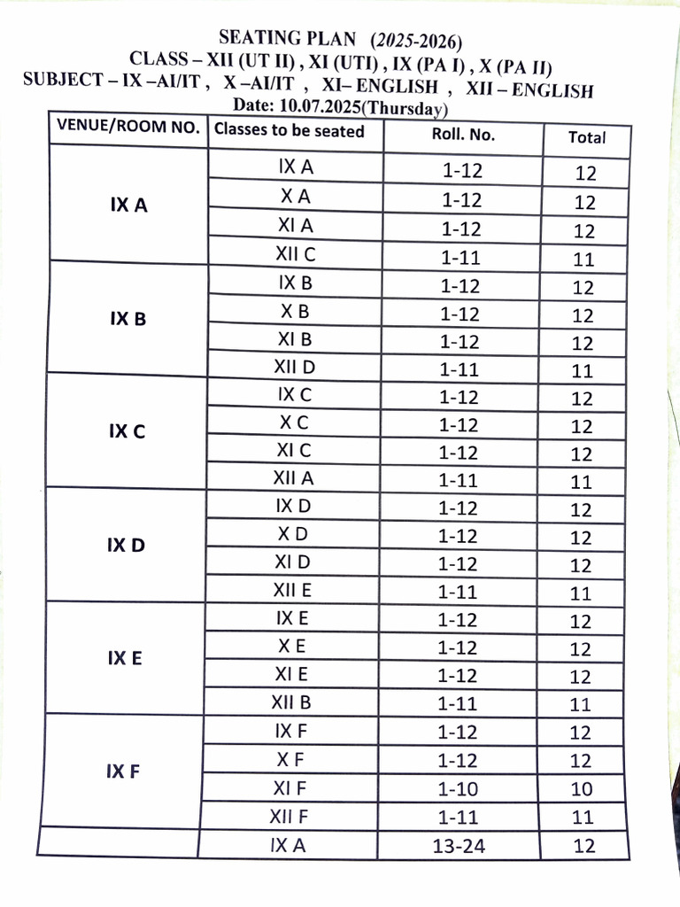 Seating Plan Ix-Xii 10-07-2025 | PDF