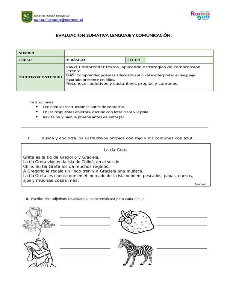 Evaluación Sumativa Lenguaje 3° Básico | PDF