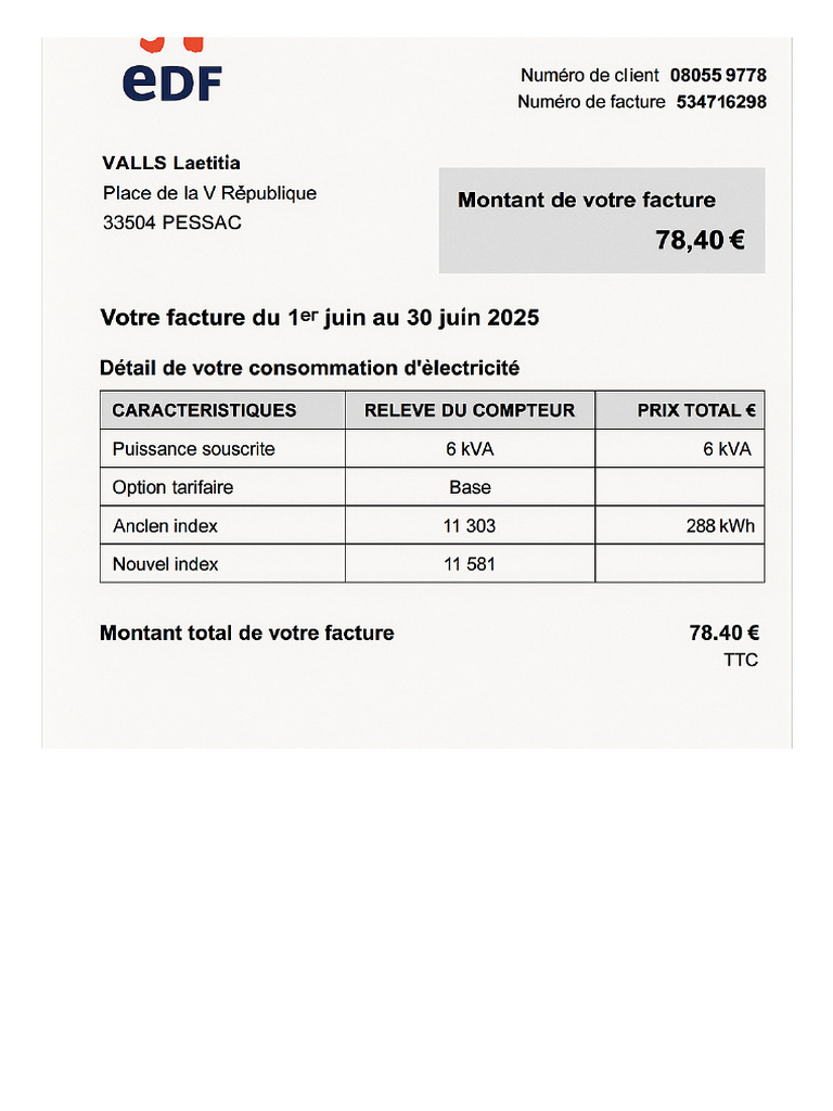 Facture EDF Fictive Valls Laetitia Juin2025 | PDF