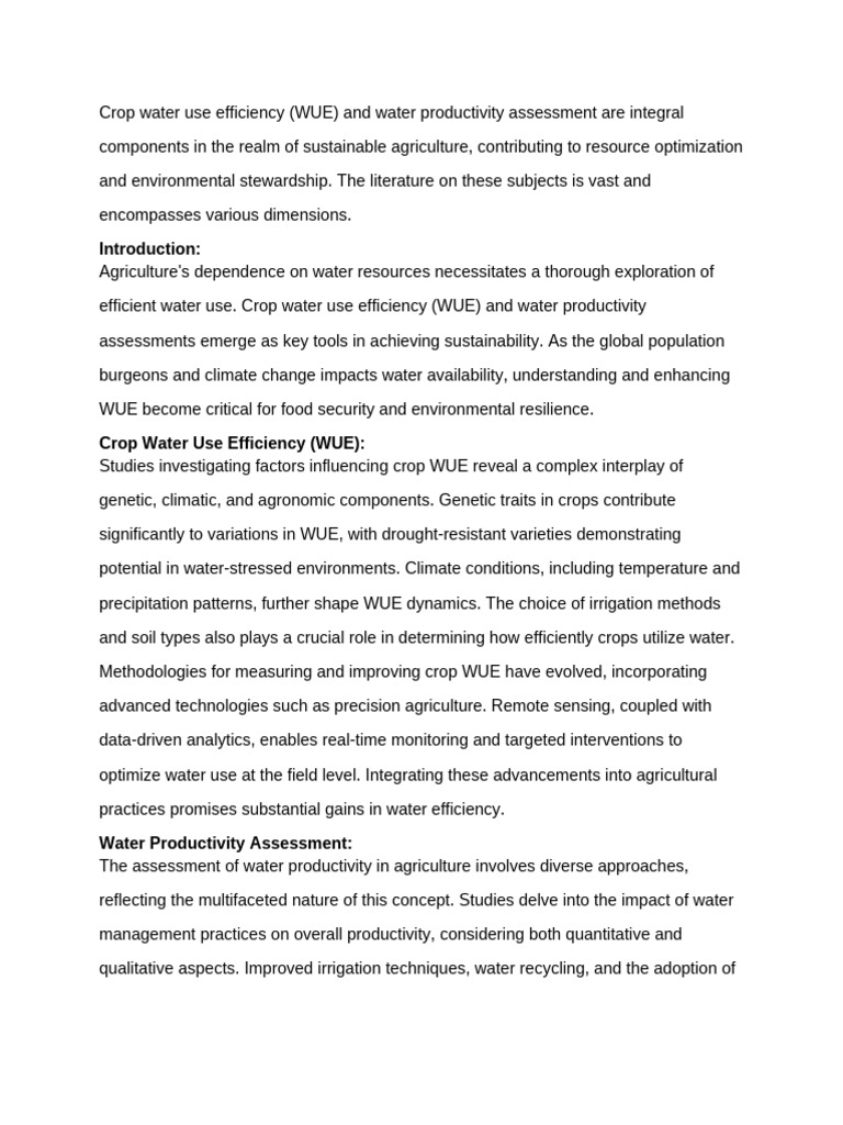 Crop Water Use Efficiency (WUE) and Water Productivity Assessment Are ...