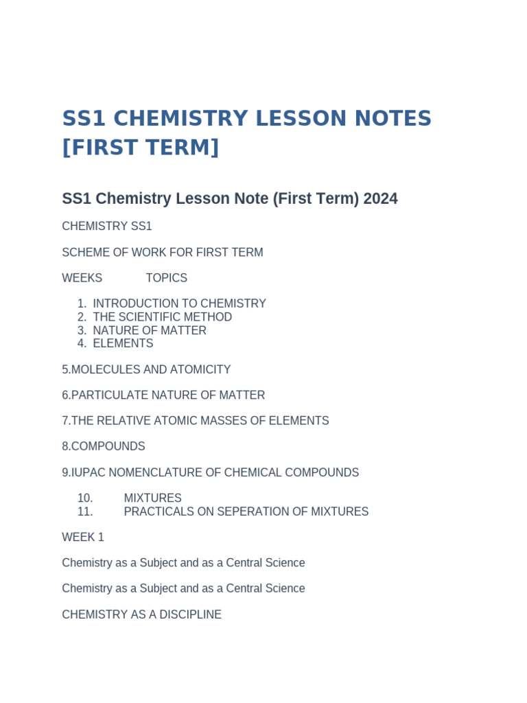 SS1 Chemistry Lesson Notes | PDF | Gases | Plasma (Physics)