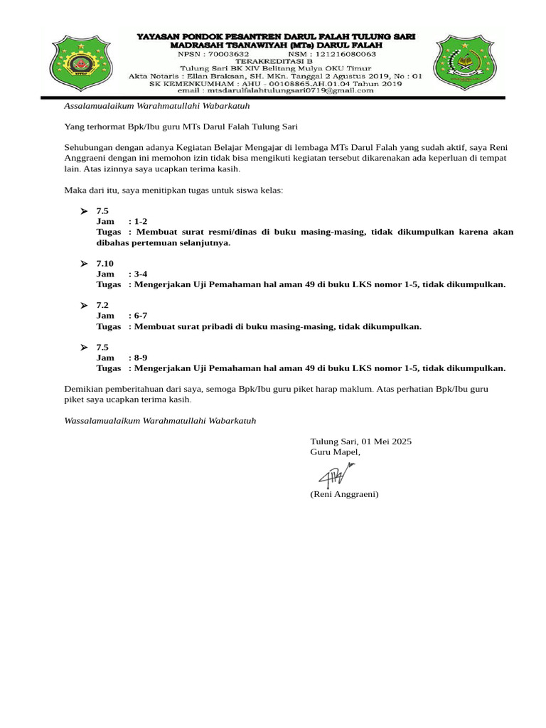 Surat Izin Reni Anggraeni Kamis (01 Mei 2025) | PDF