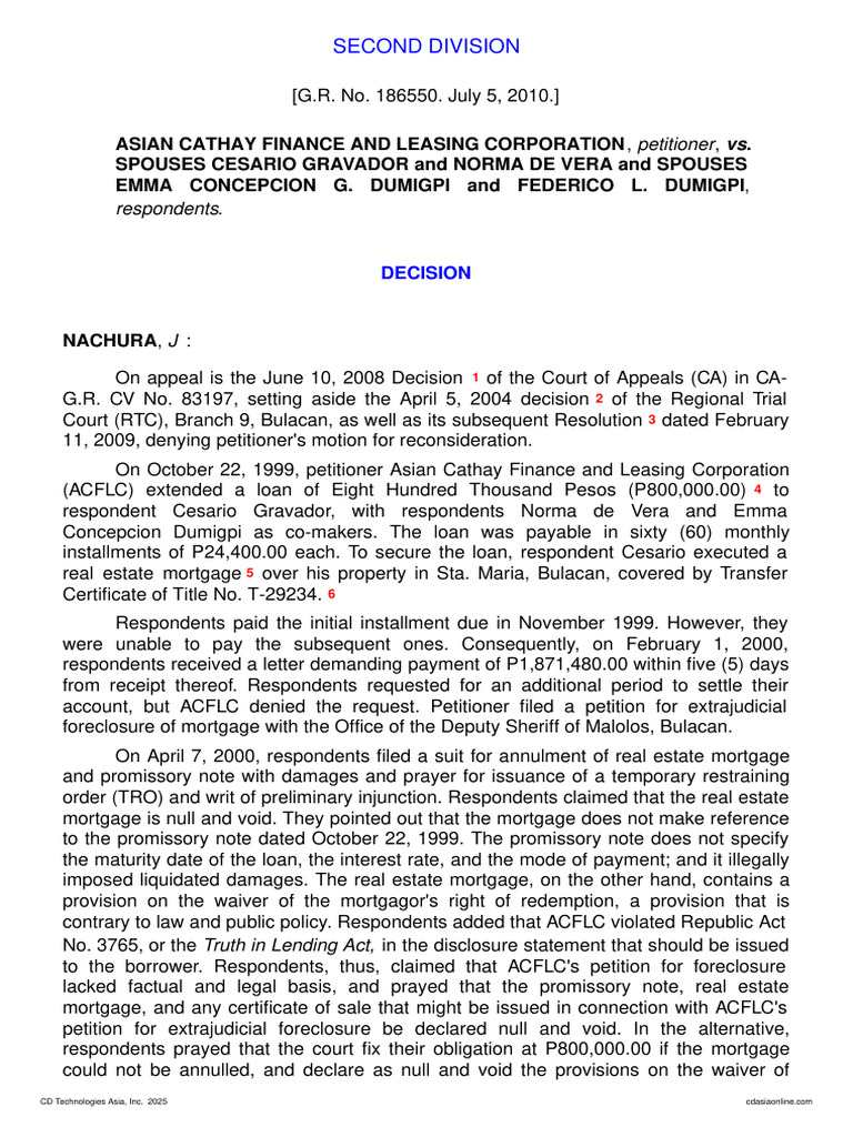 Asian Cathay Finance and Leasing Corporation v. Spouses Gravador | PDF ...
