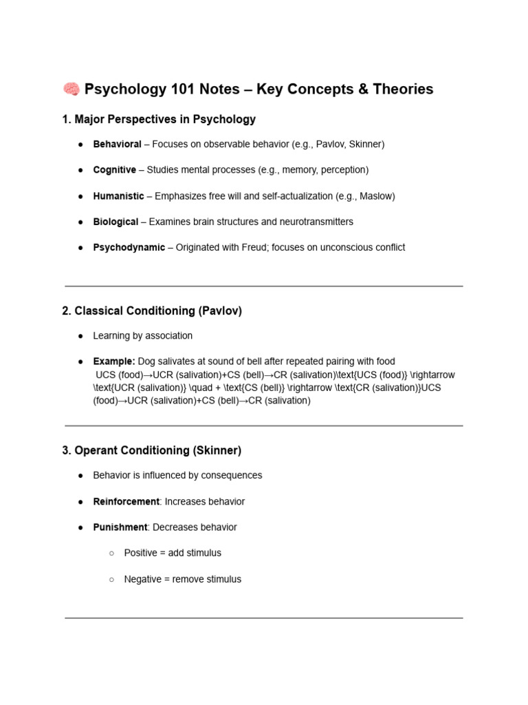 ? Psychology 101 Notes - Key Concepts & Theories | PDF | Psychology ...