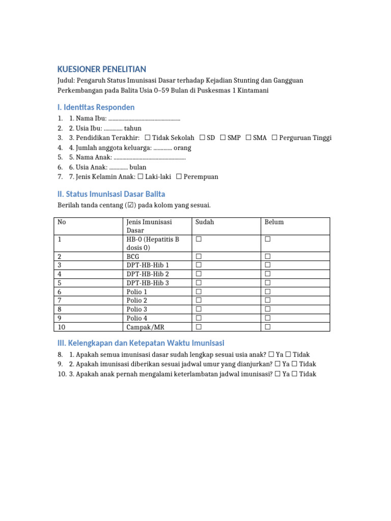 Kuisioner Imunisasi Dasar Proposal Stunting | PDF