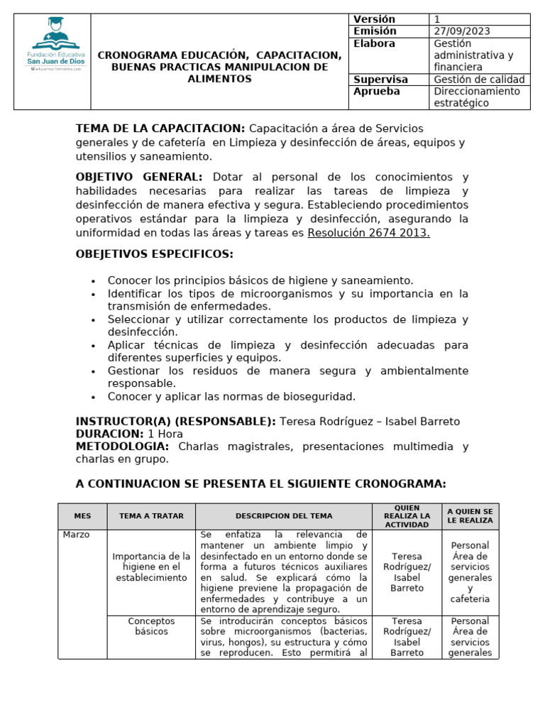 Cronograma Capacitacion Limpieza y Desinfeccion | PDF | Higiene | Saneamiento