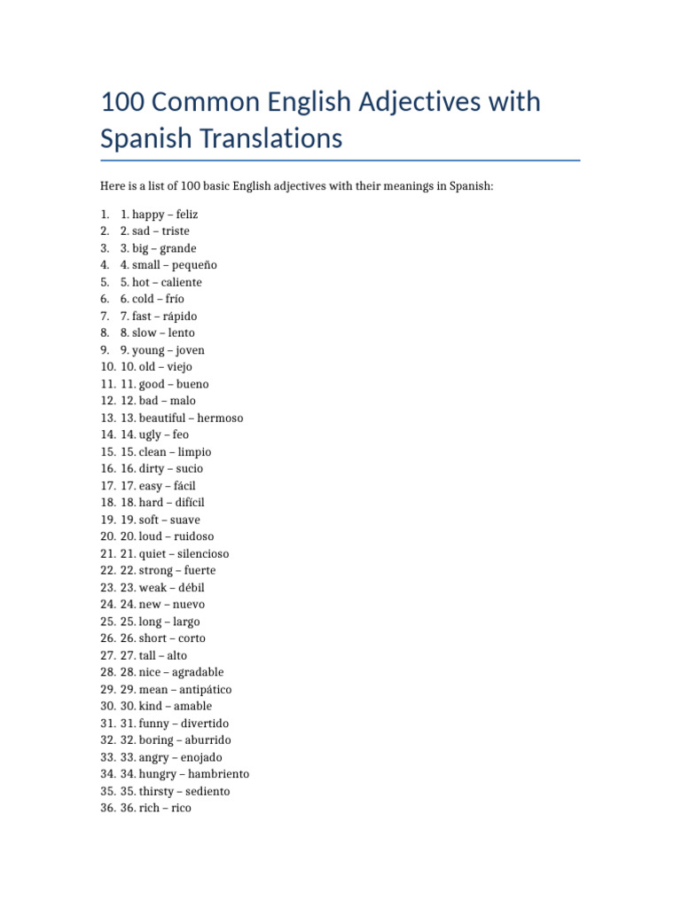 100 Adjectives: English & Spanish Guide | PDF