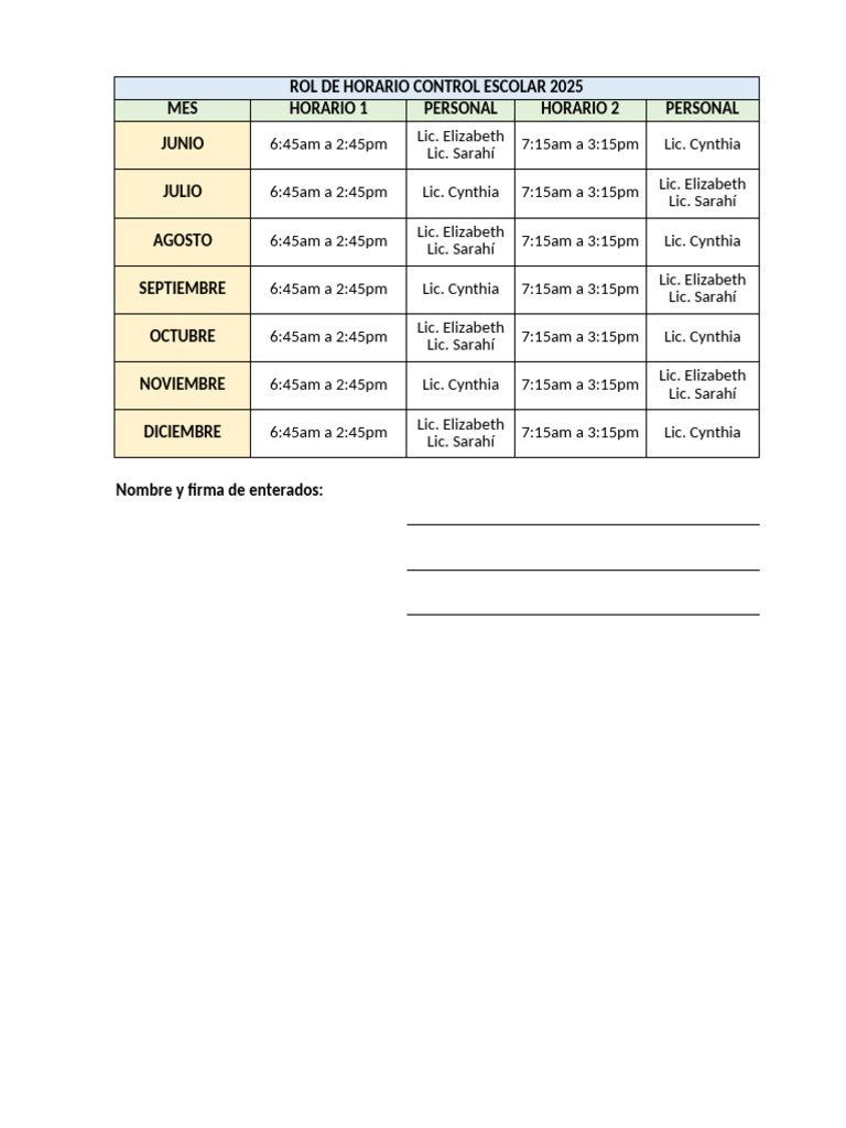 Horario Control Escolar | PDF