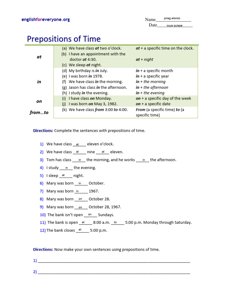 Prepositions of Time 16 de Agosto | PDF