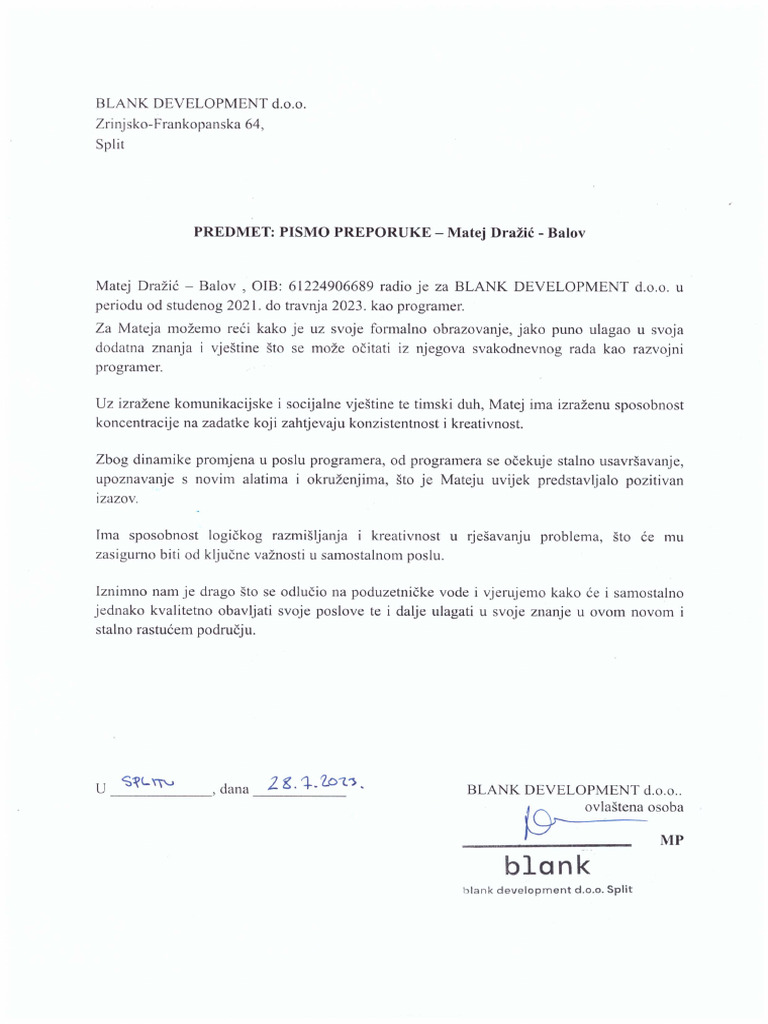 Pismo Preporuke (Blank) - 1 | PDF