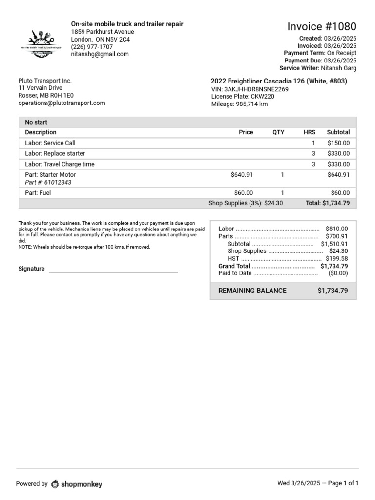 Invoice #1080 for Truck Repair Services | PDF | Motor Vehicle | Transport