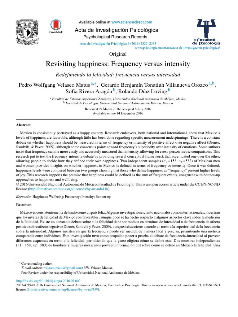 Revisiting Happiness Frequency Versus Int 2016 Acta de Investigaci N ...