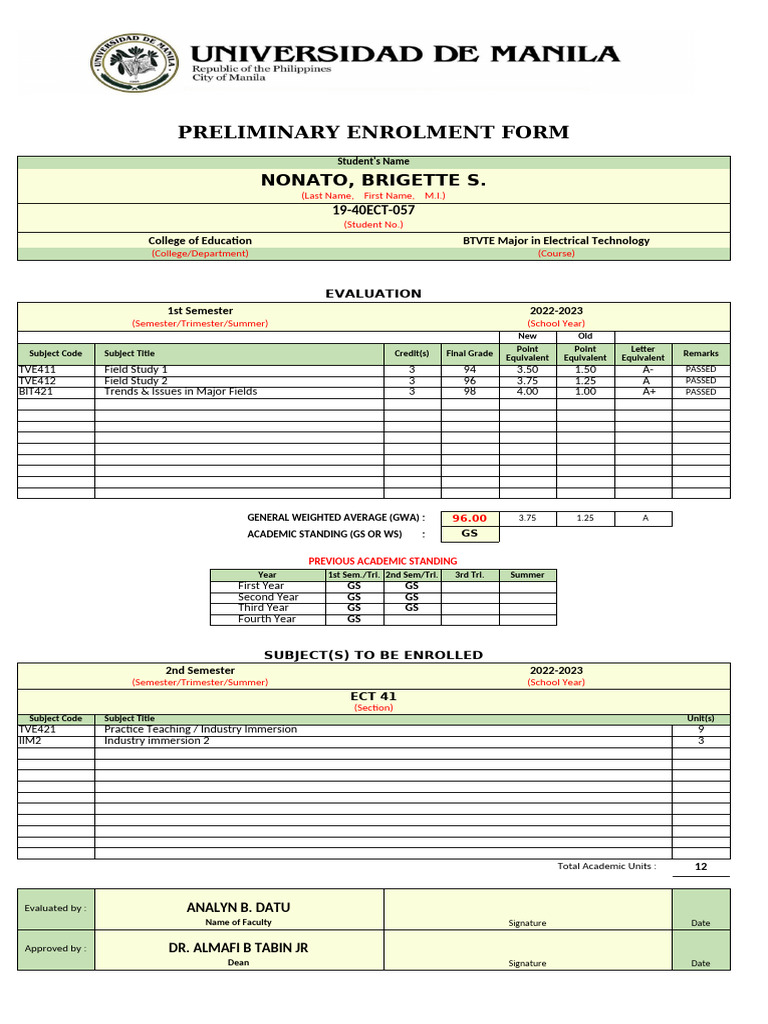 Nonato Pre Enrolment Form 2nd Sem | PDF | Academic Term | Educational ...