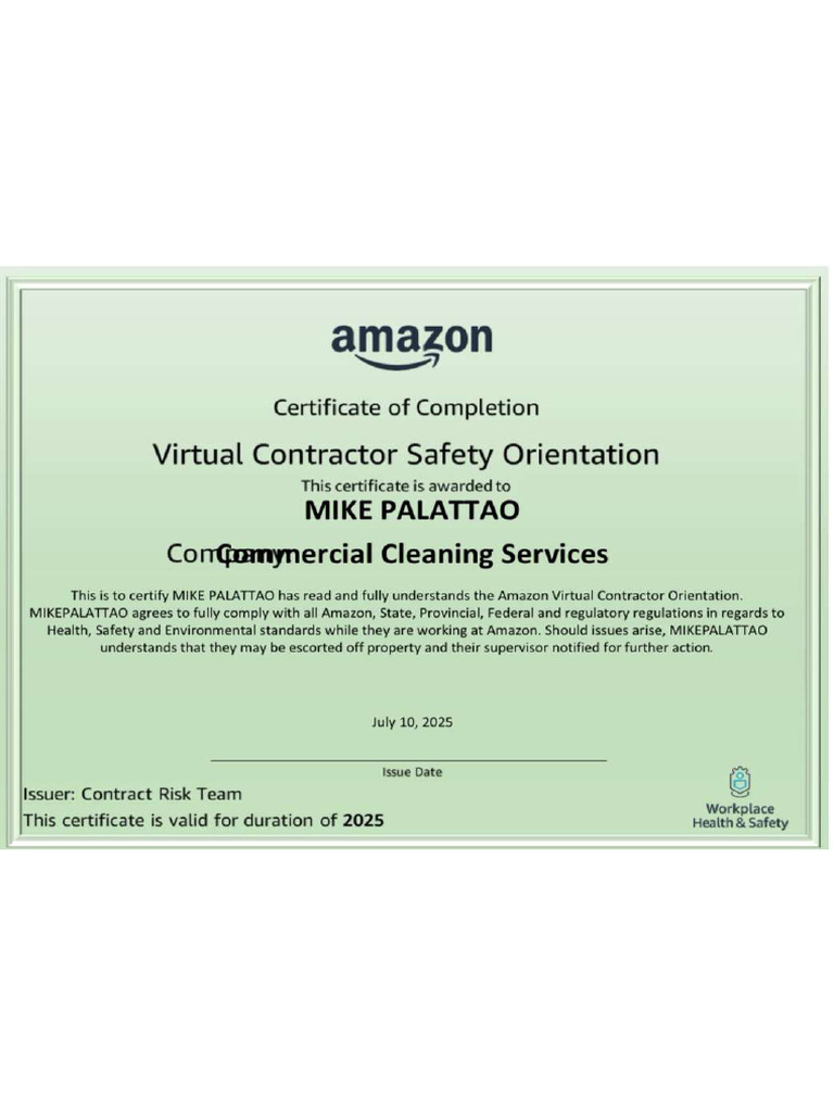 Virtual Contractor Safety Orientation Certificate | PDF