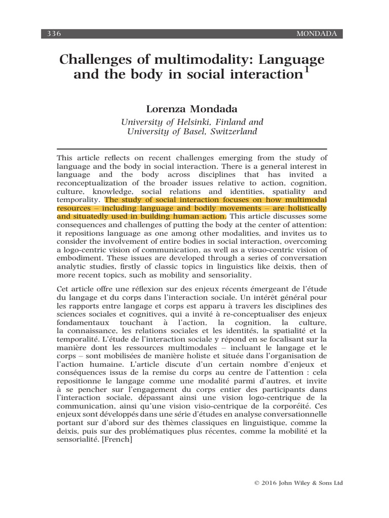 (Gesture) Mondada - Challenges of Multimodality Language and The Body in Social Interaction ...