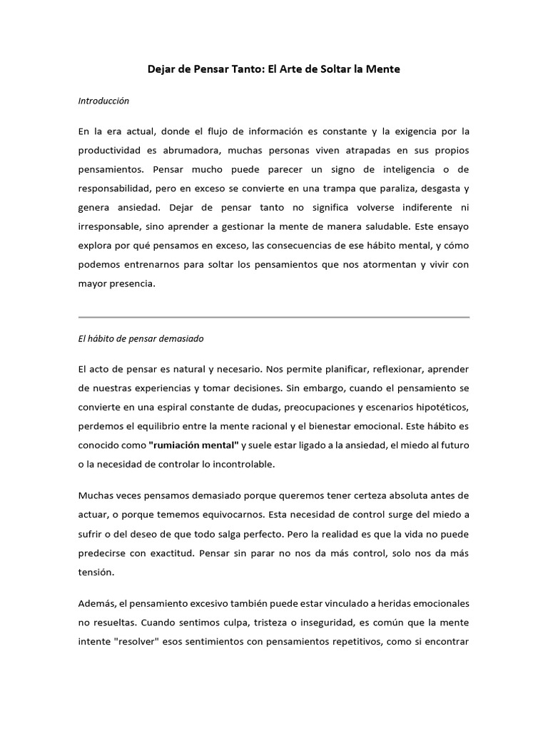 Dejar de Pensar Tanto: Guía Práctica | PDF | Pensamiento | Mente