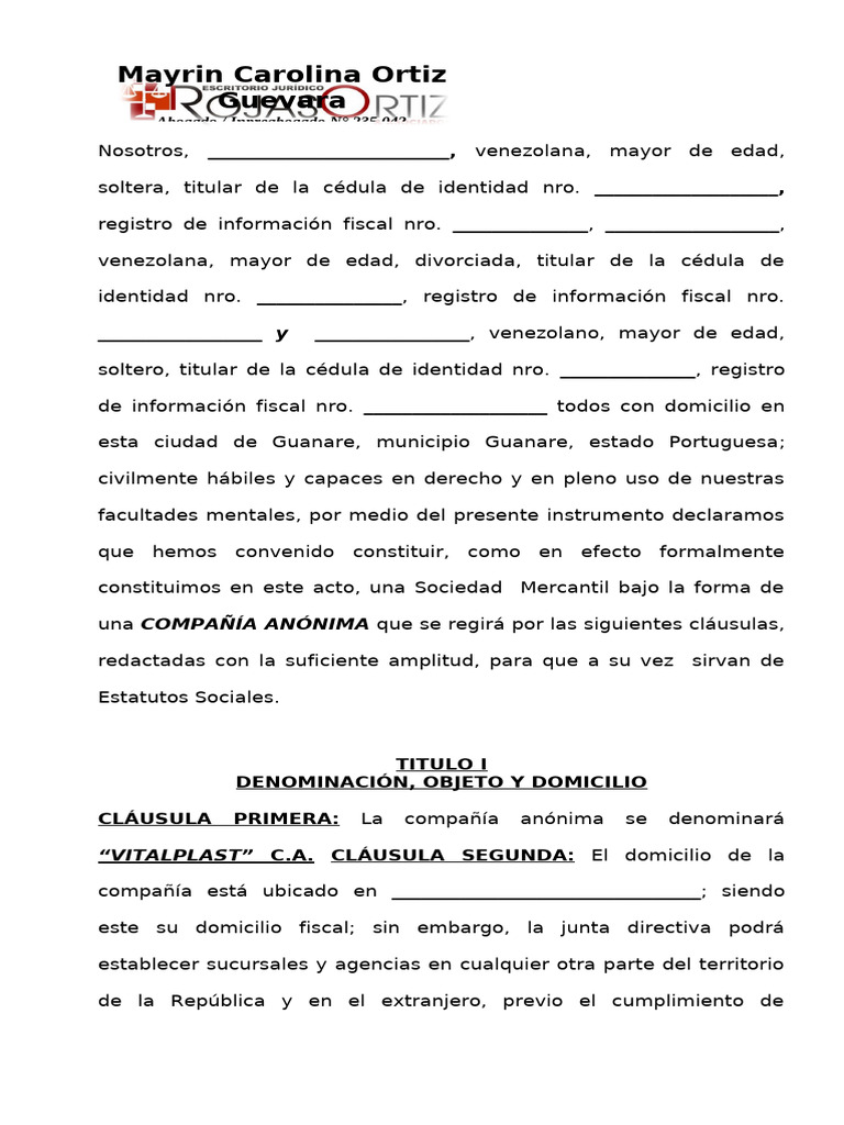 Modelo Acta Constitutiva C.A | PDF | Compartir (Finanzas) | Bancos
