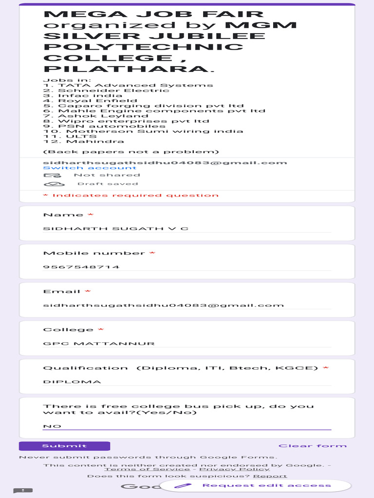 Mega Job Fair Organized by MGM Silver Jubilee Polytechnic College, Pilathara | PDF