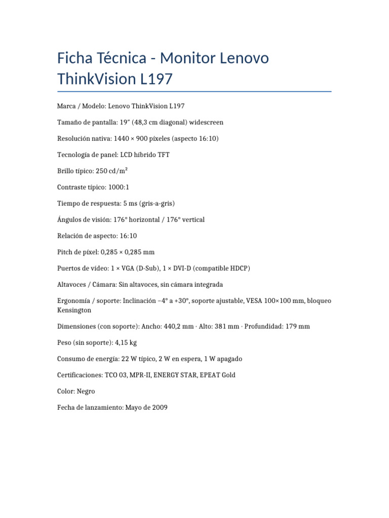 Ficha Tecnica Lenovo ThinkVision L197 Sin Tabla | PDF
