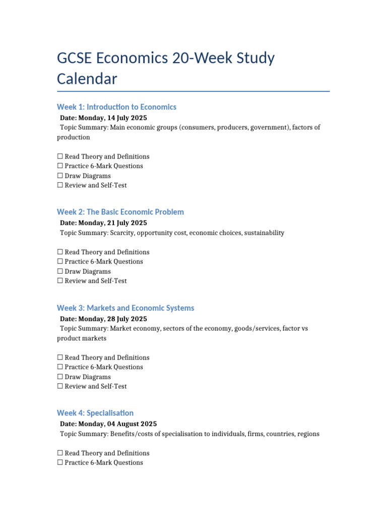 GCSE Economics 20-Week Study Plan | PDF | Supply (Economics) | Price ...