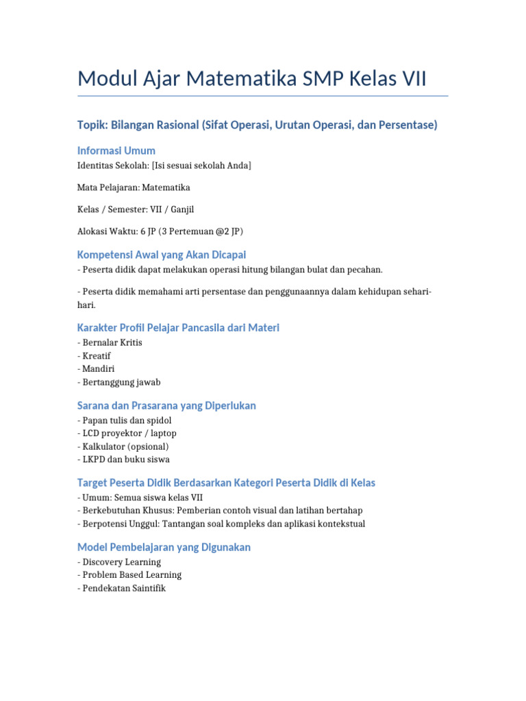 Modul Ajar Bilangan Rasional Sifat Operasi Urutan Persentase | PDF