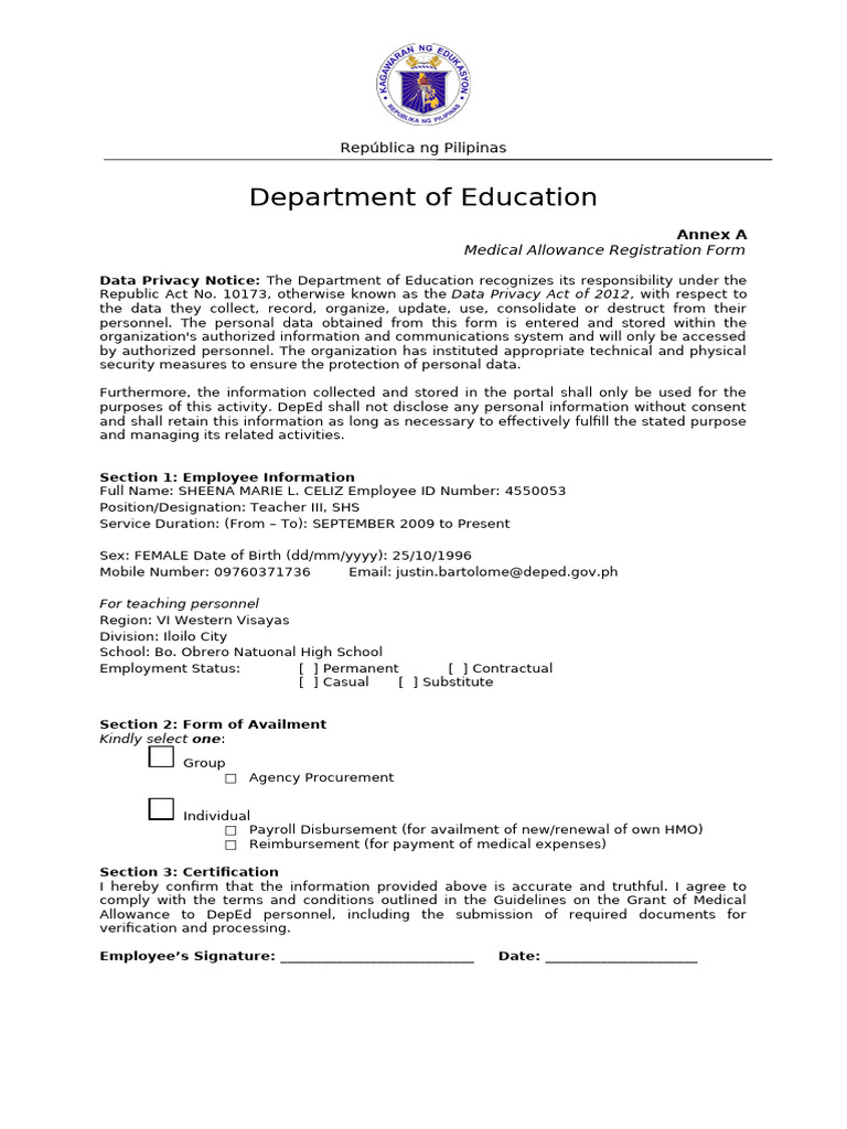 Annex A Medical Allowance Registration Form 3 1 | PDF