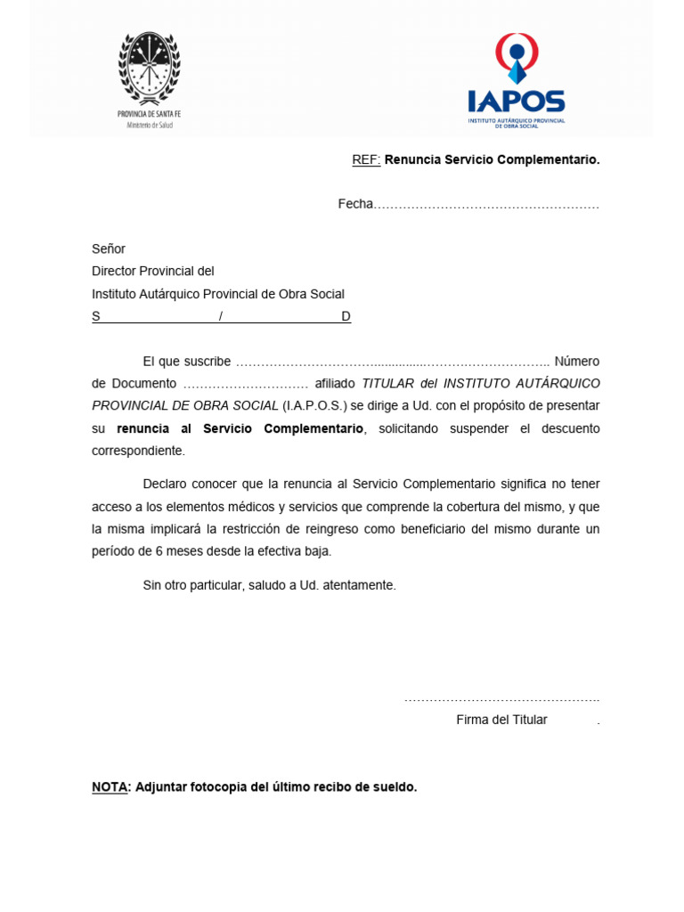 Nota Solicitud Baja Servicio Complementario | PDF