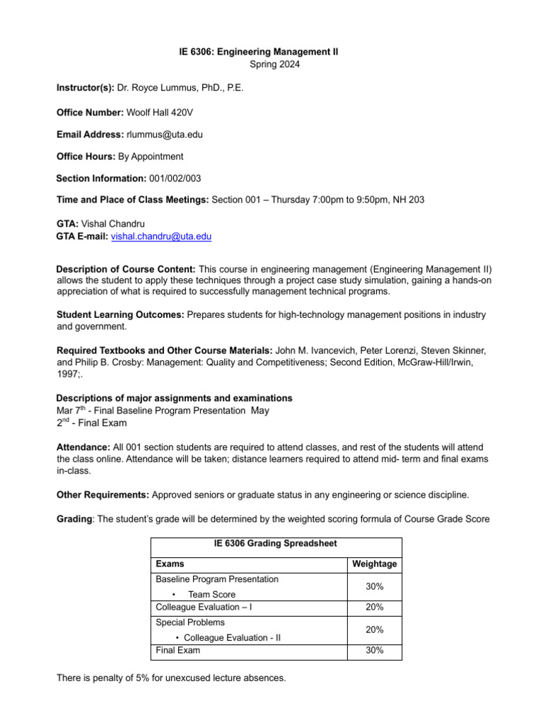 IE 6306: Engineering Management II Syllabus | PDF | Americans With ...