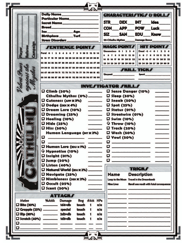 Cathulhu Character Sheet | PDF