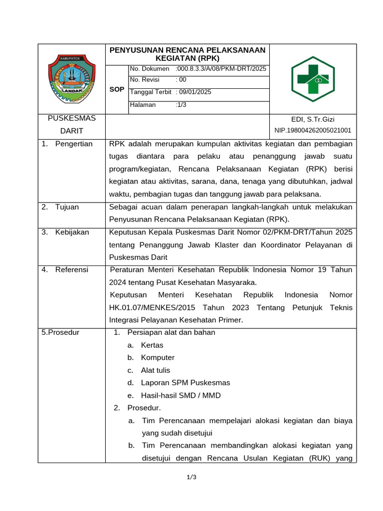 Sop Penyusunan RPK | PDF