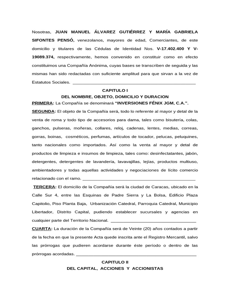 Acta Constitutiva de Inversiones Fenix JMG, C.A. | PDF | Pagaré | Compartir (Finanzas)