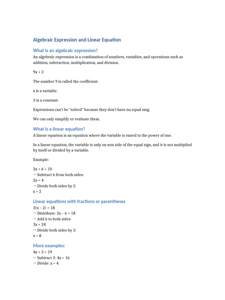 Algebraic Expression and Linear Equation Original | PDF