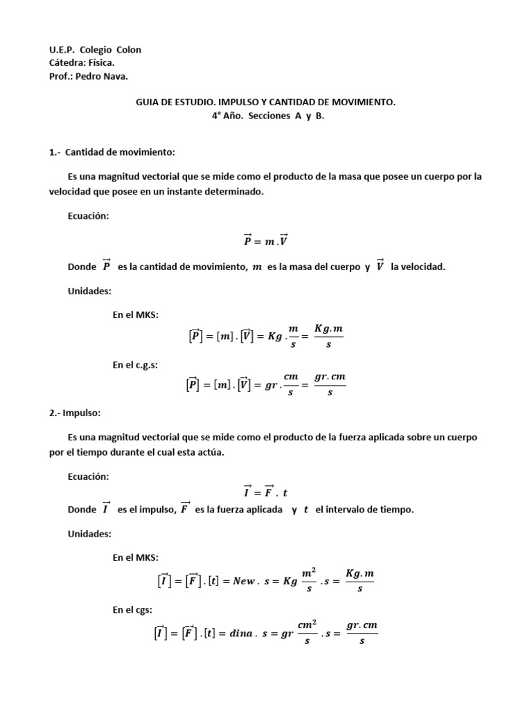 Guia de Estudio. Impulso y Cantidad de Movimiento. Fisica 4to Año. | PDF | Impulso | Fuerza