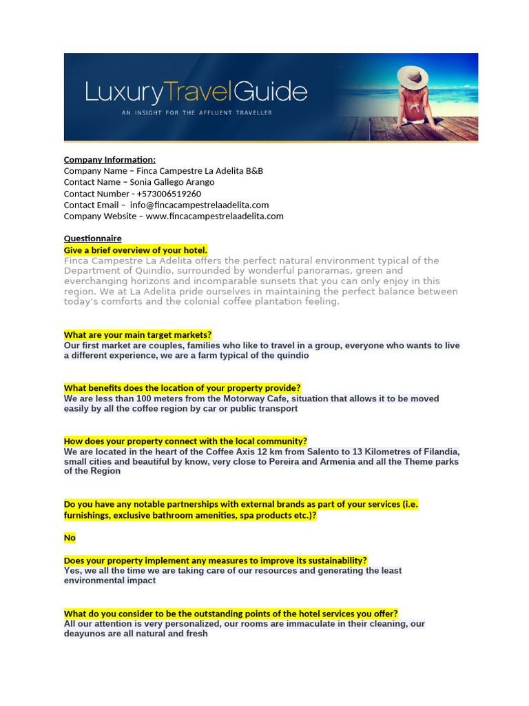 1luxury Travel Guide Awards Hotel Questionnaire | PDF | Hotel