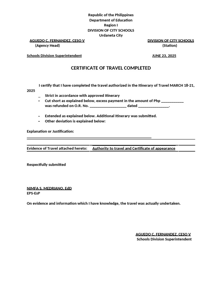 Certificate of Travel Completion Form | PDF