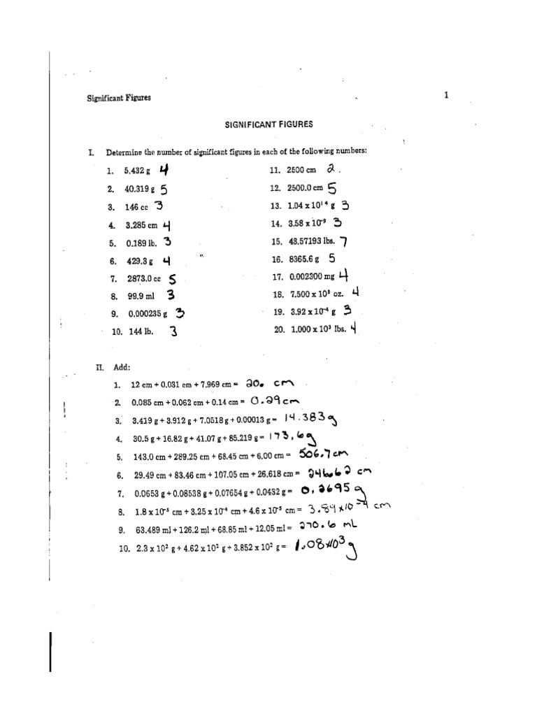 Significant Figures Class Worksheet Answer Key | PDF