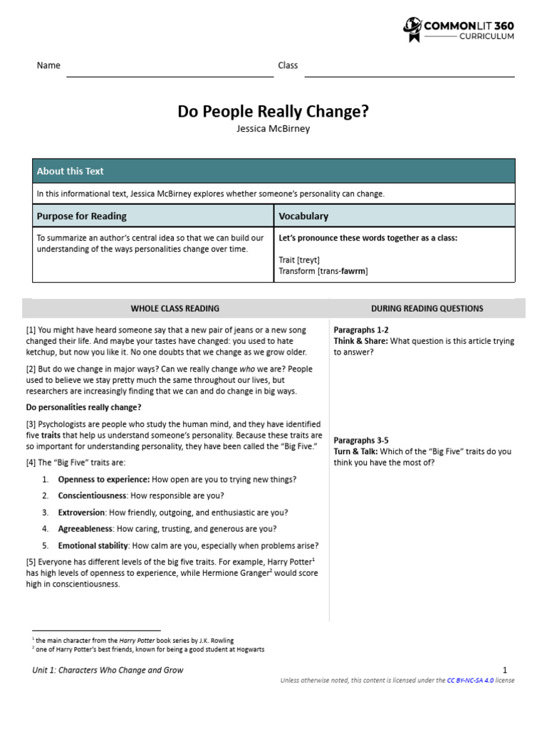 6G Unit 1 Do People Really Change STUDENT COPY Ed2.0 | PDF | Psychology ...