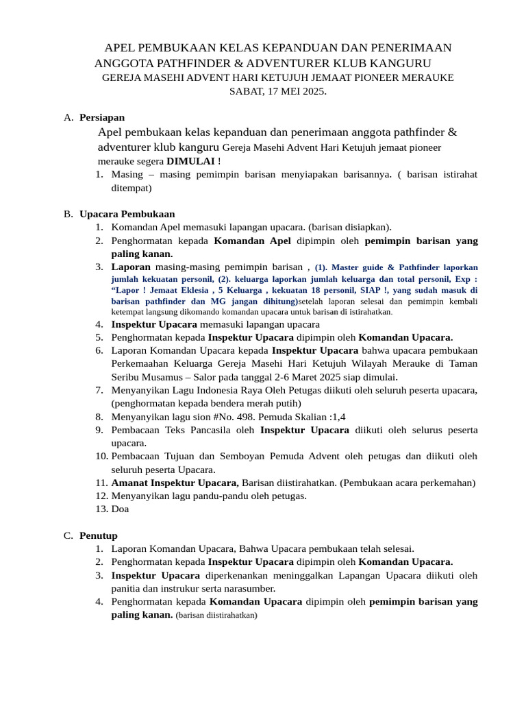 Rundown Upacara Pembukaan Kelas Dan Penerimaan Anggota Klub Kanguru ...