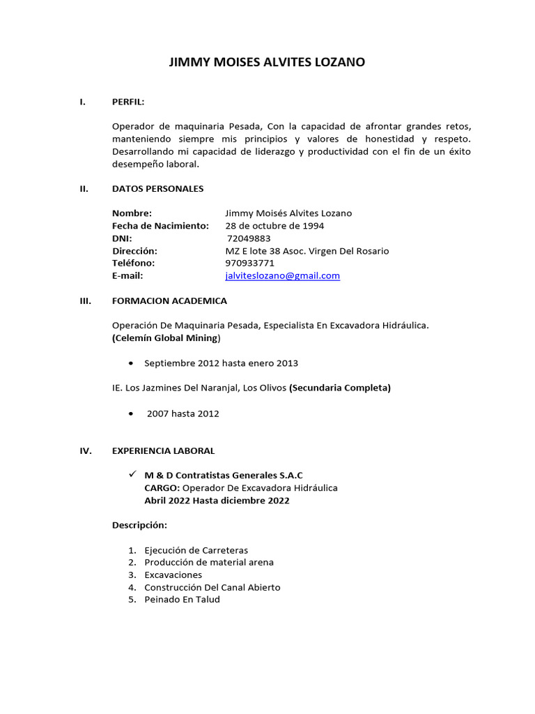 CV Jimmy Moises Alvites Lozano | PDF