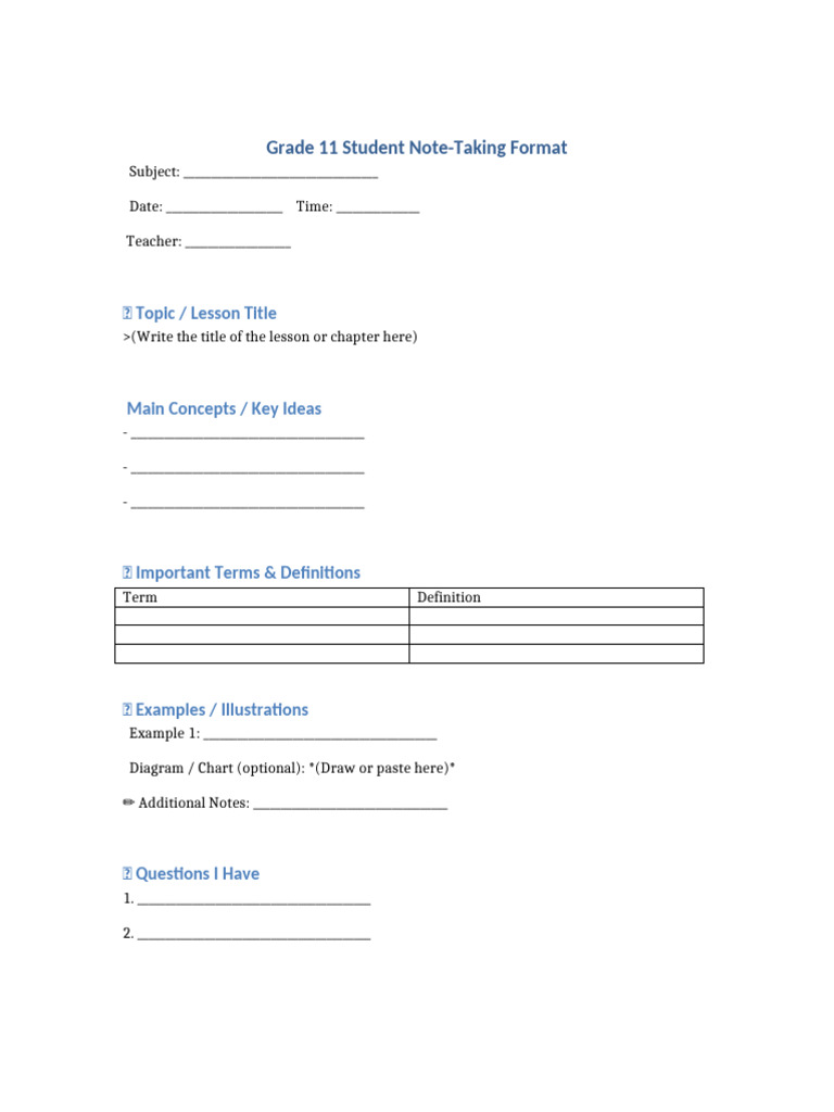 Grade 11 Notes Template Pdf
