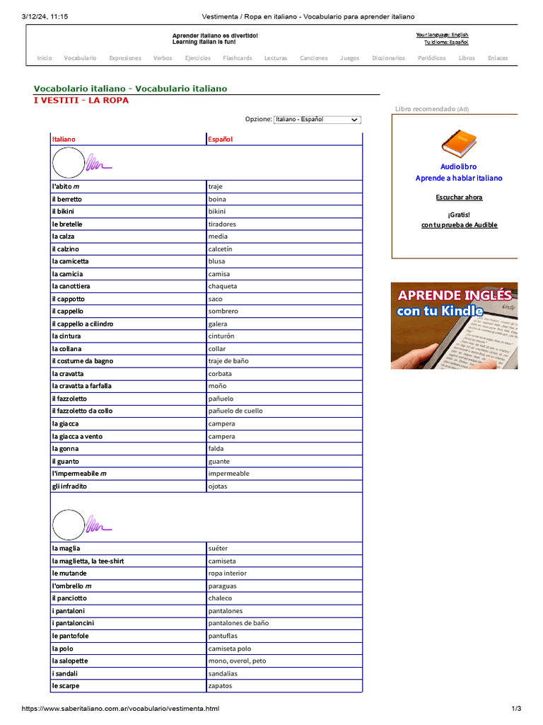 Vocabulario de ropa en italiano | PDF | Ropa | Cuerpo humano
