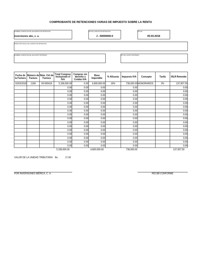 Formato Retencion Islr | PDF | Impuestos | Factura