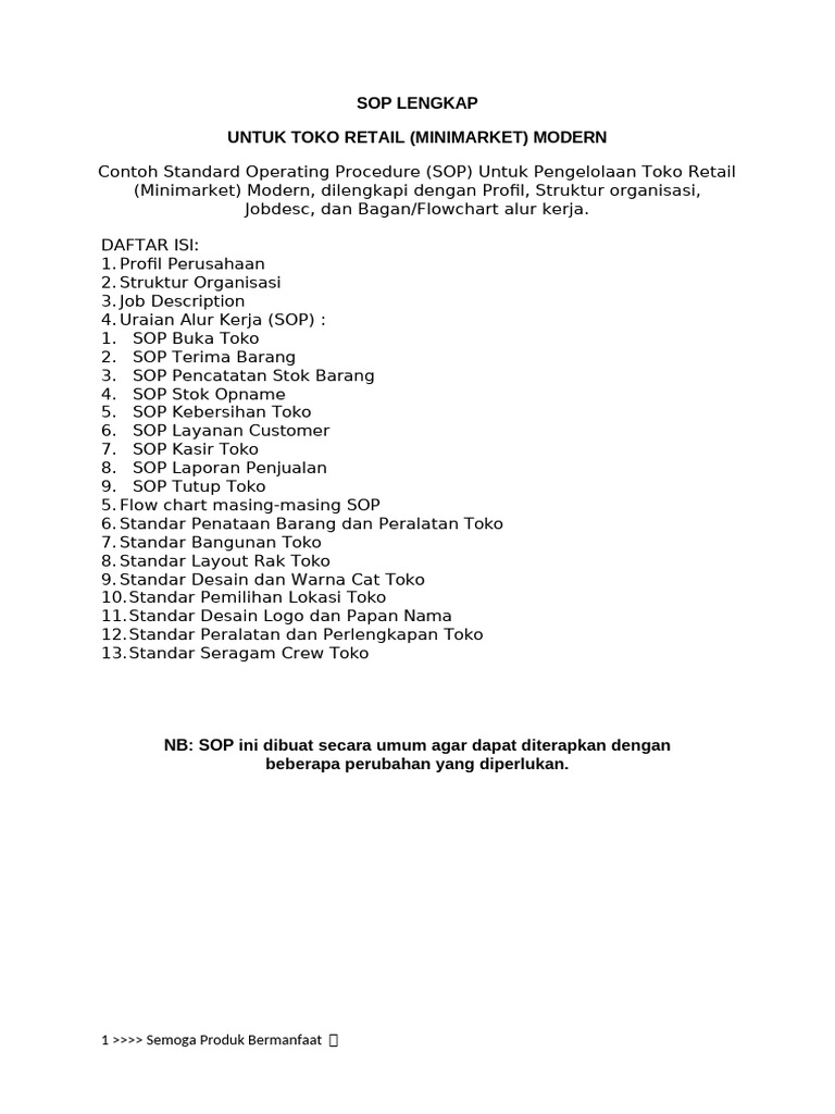 SOP Toko Retail Modern Lengkap | PDF