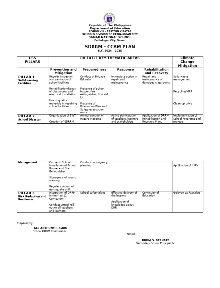 DRRM-CCAM-Plan For School Year 2024 - 2025 | PDF | Emergency Management | Risk