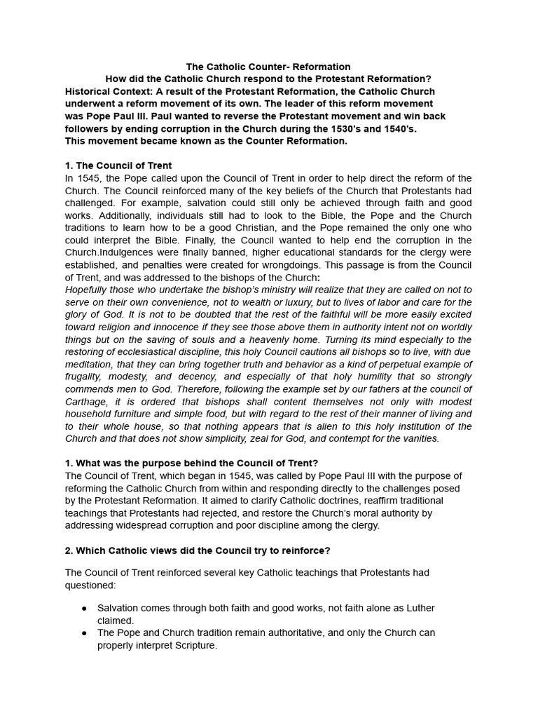 The Catholic Counter - Reformation WORKSHEET | PDF | Catholic Church ...
