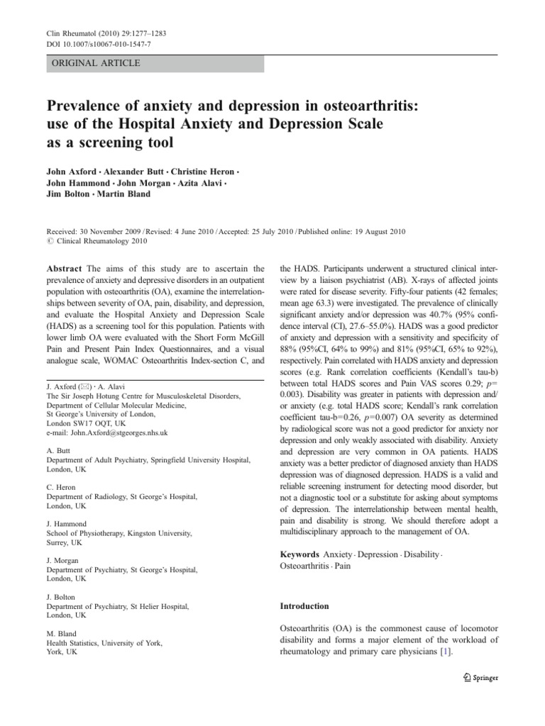 Prevalence of Anxiety and Depression in Osteoarthritis Use of The ...