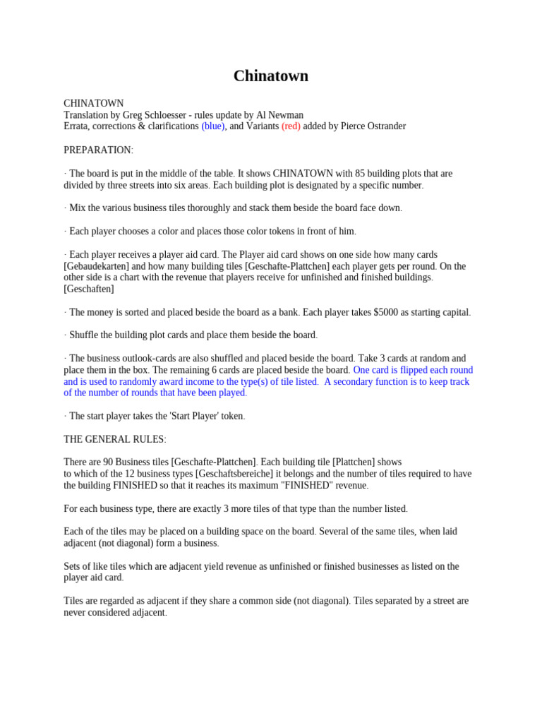 Chinatown Rules W-Errata & Variants | PDF | Board Games | Tabletop Games