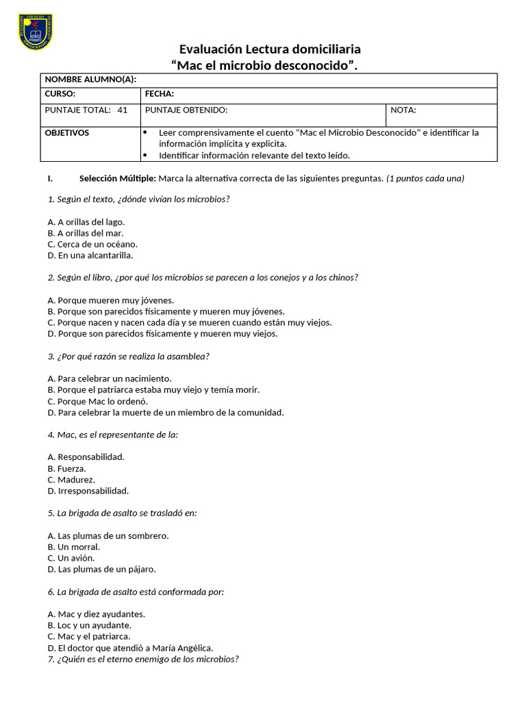 Evaluación de Lectura: "Mac el Microbio" | PDF