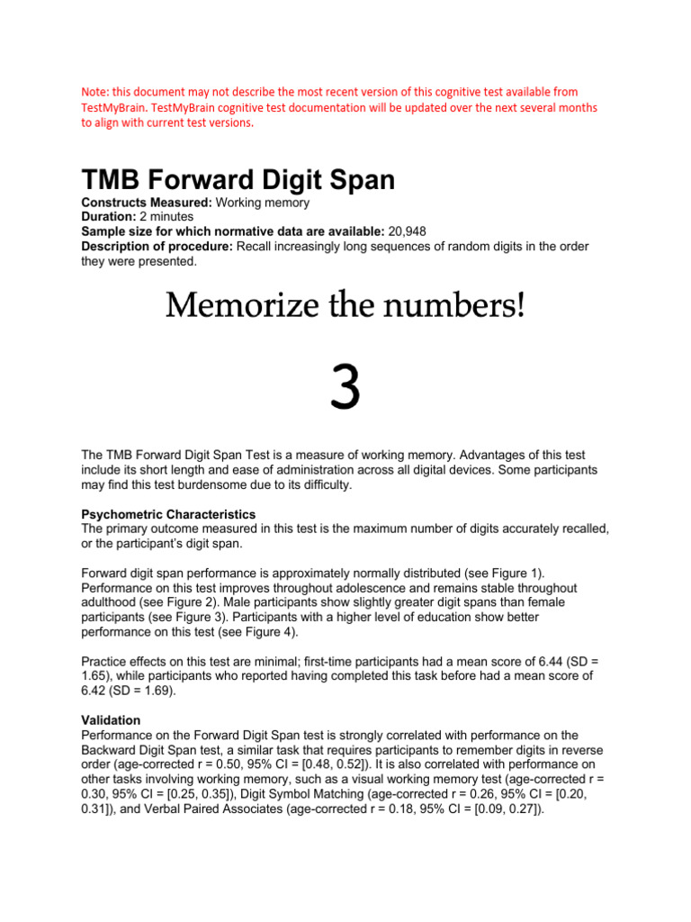 TMB Forward Digit Span Test Overview | PDF | Working Memory | Cognition