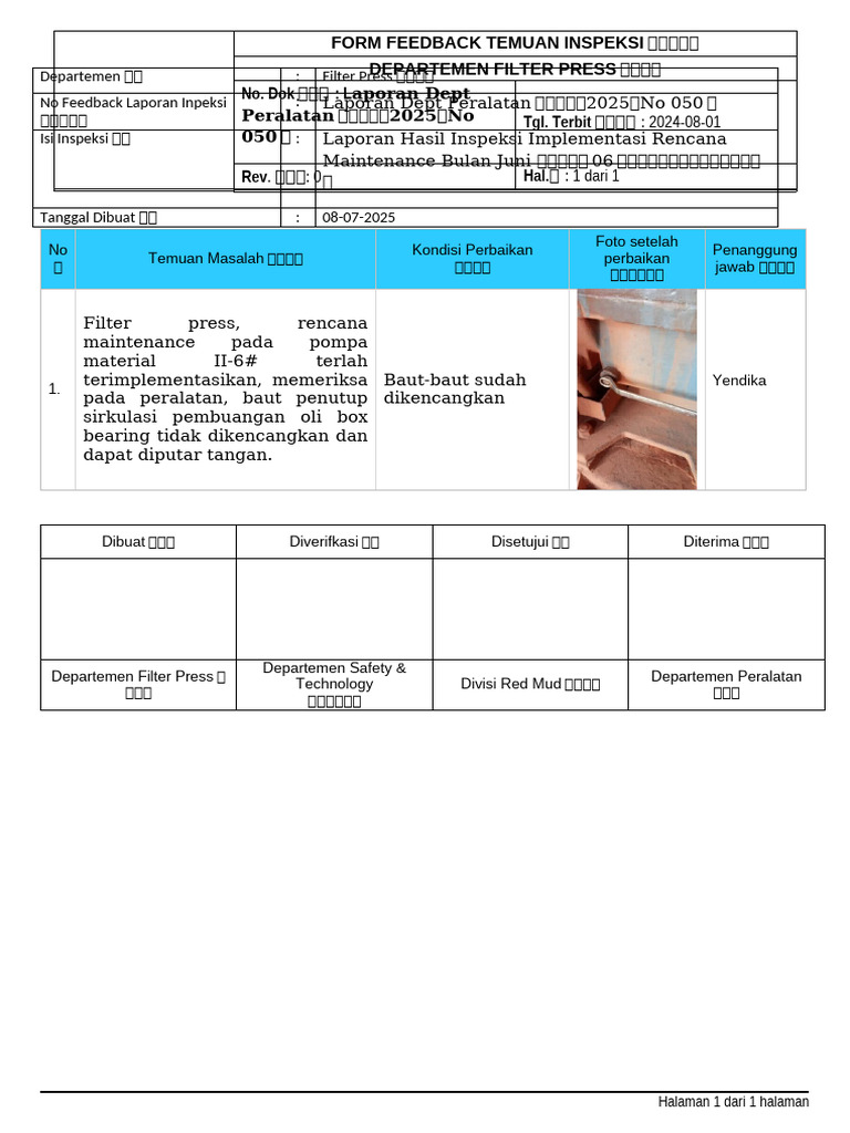 Laporan Departemen Peralatan【2025】No.050 | PDF